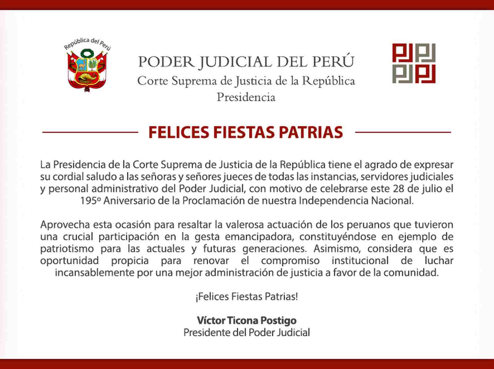 SALUDO DEL PRESIDENTE DEL PODER JUDICIAL, DOCTOR VÍCTOR TICONA POSTIGO ...